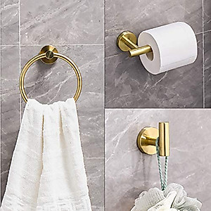 Ntipox 4 Piece Brushed Gold Stainless Steel Bathroom Hardware Set Include Hand Towel Ring, Toilet Paper Holder,and 2 Robe Towel Hooks,Bathroom Accessories Kit