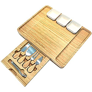 Cheese Board and Knife Set | Wine Board | Organic Bamboo Wood Charcuterie Platter Serving Board Cheese Tray with Cutlery | Perfect for Birthday, Housewarming & Wedding Gifts