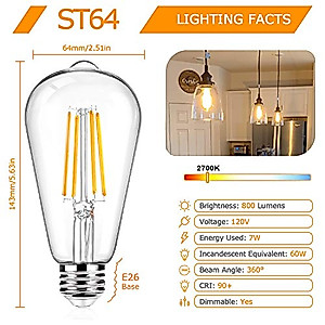 12Packs Vintage LED Edison Bulbs, 60W Equivalent 7W, 800Lumens, Dimmable ST64 Antique LED Filament, Soft Warm White 2700K, E26 Medium Base Light Bulbs High Brightness Clear Glass for Bedroom Office