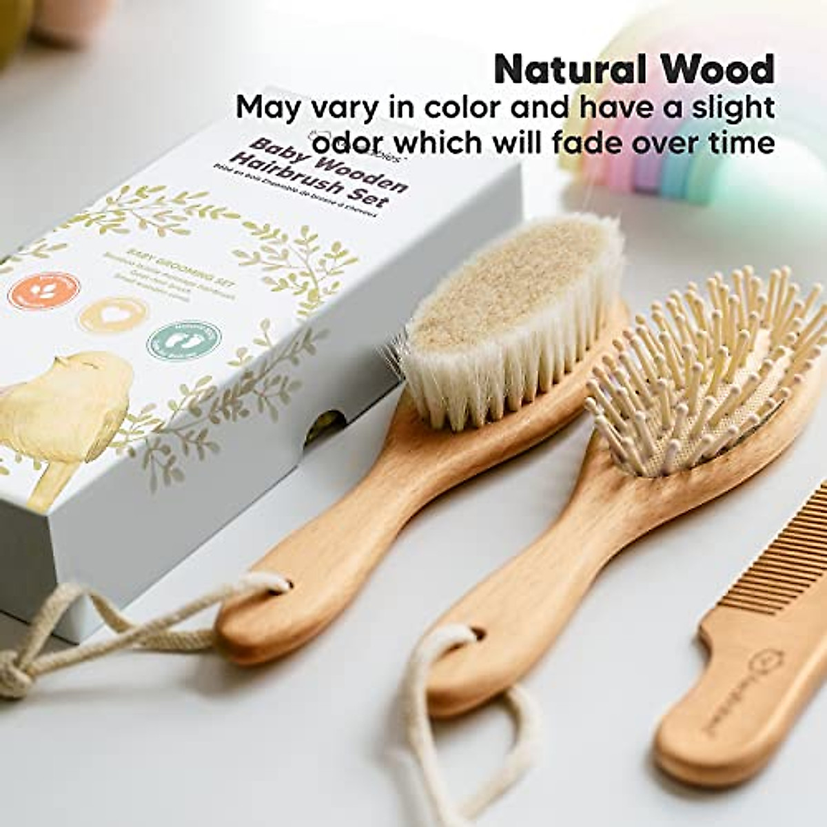 Baby Hair Brush and Baby Comb Set - Wooden Baby Brush with Soft Goat Bristle - Toddler Hair Brush Baby Brush and Comb Set - Baby Brush Set for Newborns - Infant Hair Brush, Cradle Cap (Oval, Walnut)