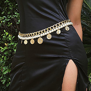 Wiwpar Pearl Metal Waist Chain Coin Pendant Beach Body Chains Fashion Waist Body Accessory for Women (Gold)