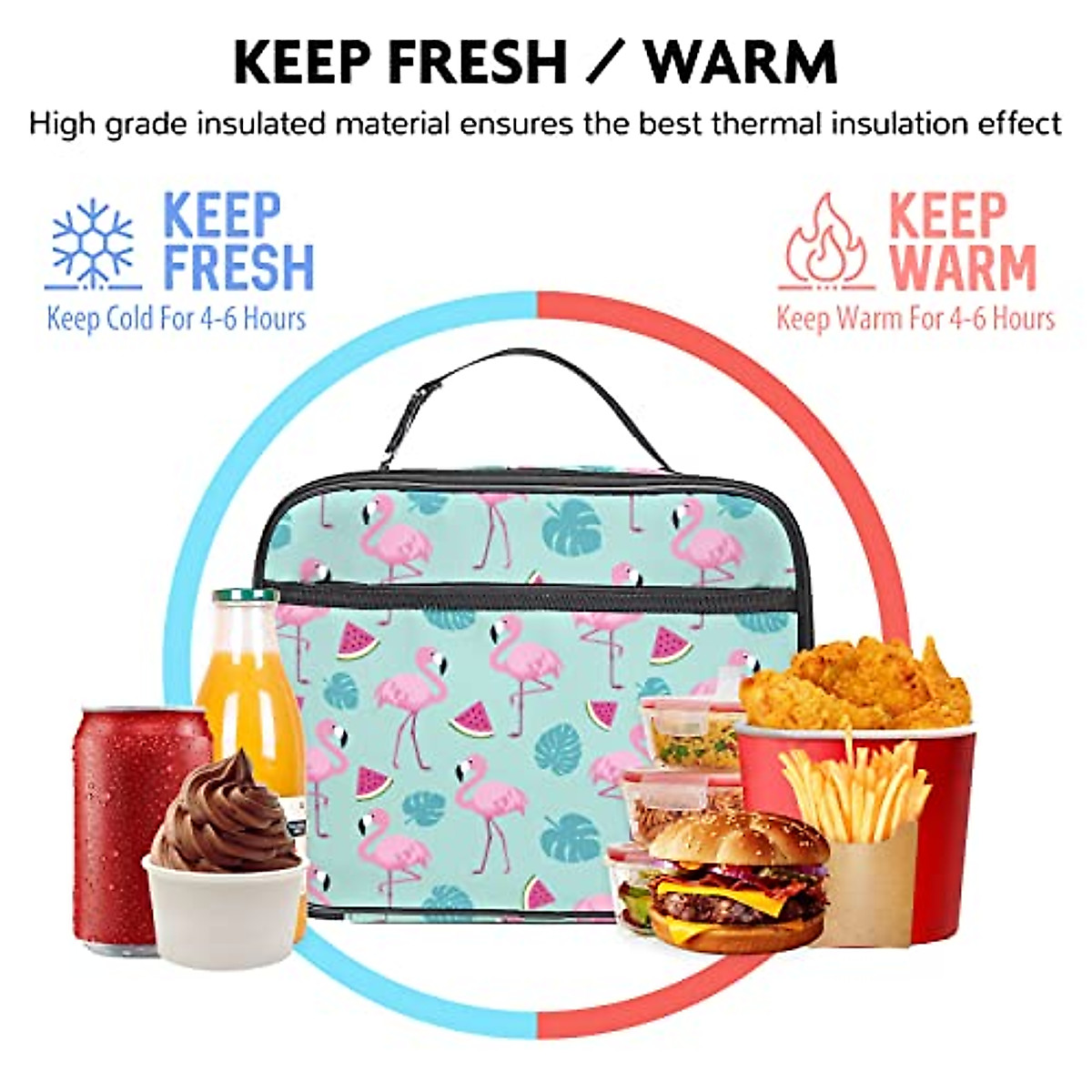 Insulated Lunch Box for Women Men, Large Capacity Reusable Lunch Bag with Front Pocket and Side Pocket, Meal Prep Cooler Tote for Work School Picnic Travel (Flamingo)