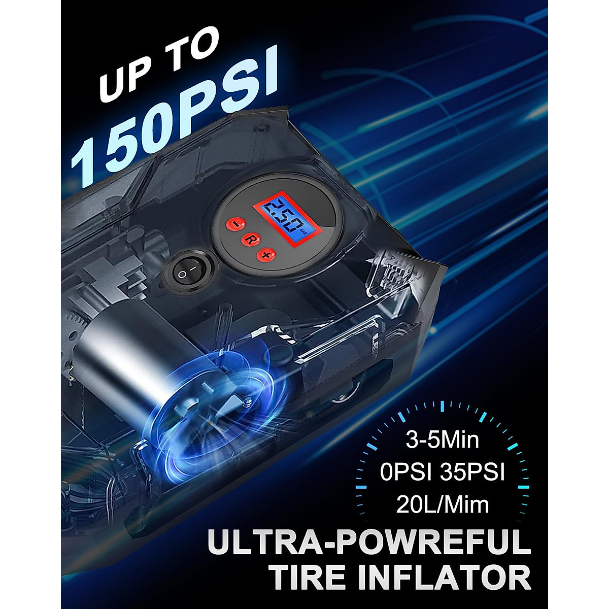 Atsanc Tire Inflator, 12V DC Portable Air Compressor with Auto-Shutoff Design, 150PSI Max Fast-Inflating Electric Air Pump for Car Tires, Auto Digital Car Tire Pump with LED Light for Various Purposes