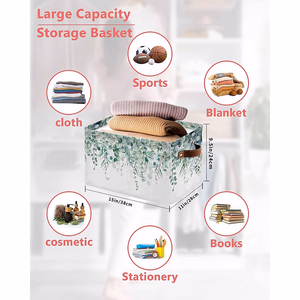 Eucalyptus Storage Basket Sage Green Large Foldable Storage Bins with Handles Watercolor Leaves Waterproof Fabric Laundry Baskets for Organizing Shelves Closet Toy Gifts Bedroom Home Decor