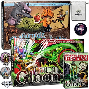 Terror, Insane and Madness Possibilities with Fairy Tales Gloom Cthulhu Card Games and The Expansion: UNPLEASANT Dreams Bundle with Random Color Drawstring Bag Plus 1inch Darkness Token