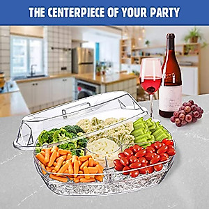 LIMOEASY Chilled Veggie Tray, 15 Inch Clear Party Platter with 4 Compartments, Ice Serving Bowl with Lid, Cold Food Buffet Server for Fruit, Vegetable, Appetizer, Shrimp