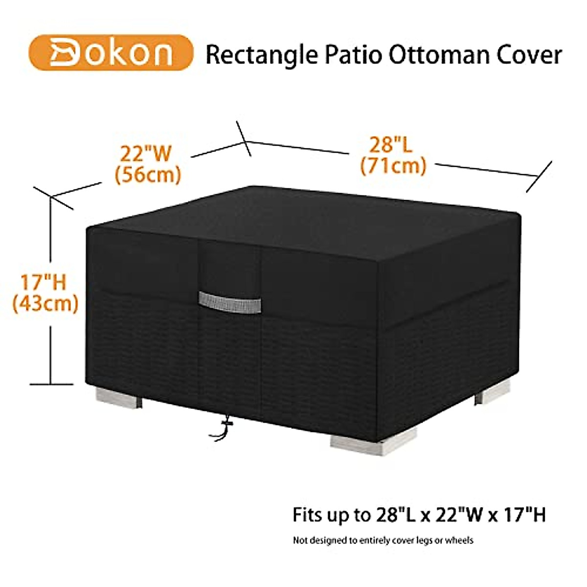 Dokon Rectangle Patio Ottoman Cover with Air Vents, Waterproof, Anti-Fading, UV Resistant Heavy Duty 600D Oxford Fabric Patio Side Table Cover, Outdoor Furniture Cover (28"L x 22"W x 17"H) - Black