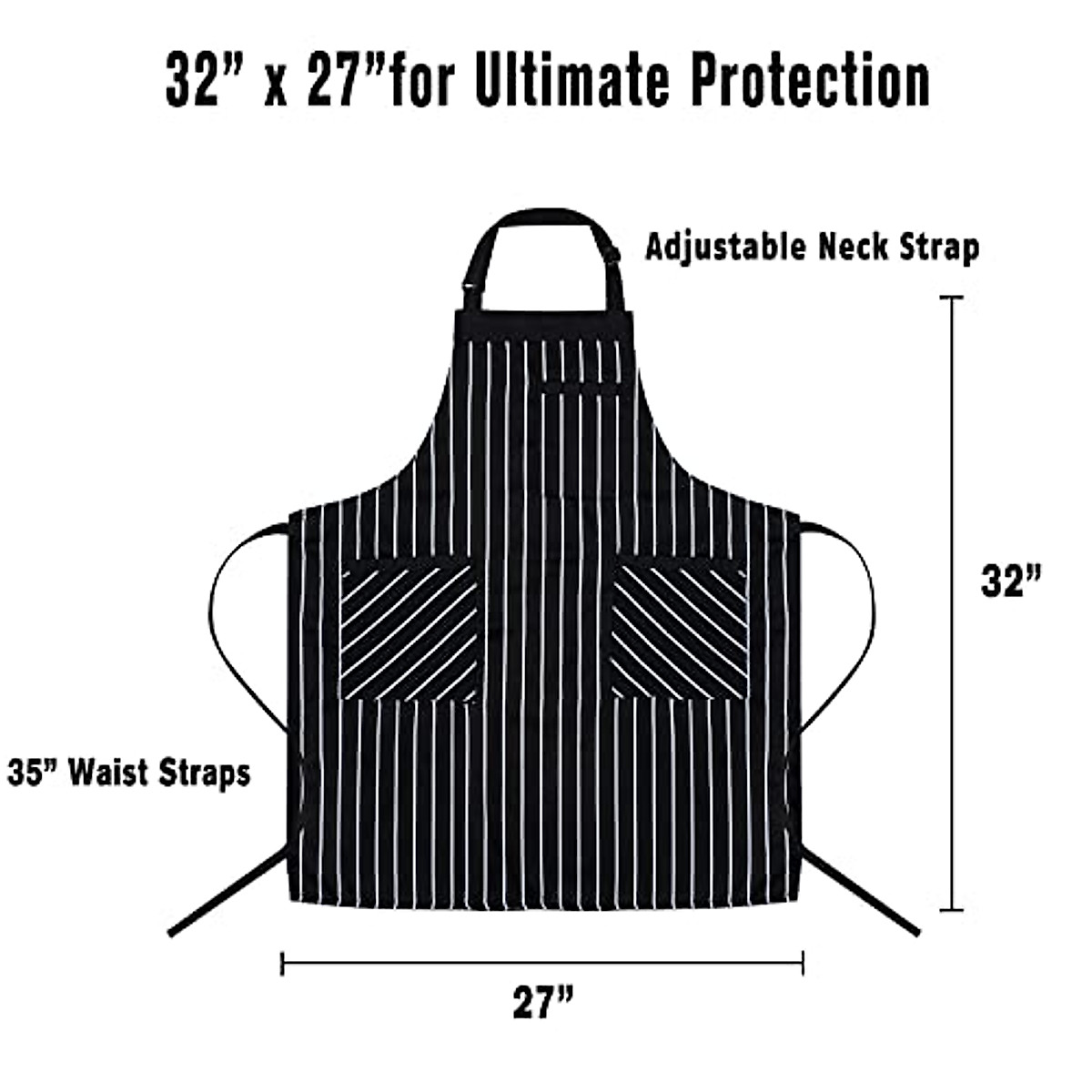 DUSKCOVE 2 Pack Kitchen Cooking Aprons with 3 Pockets for Women and Men, Soft and Breathable Cotton Polyester Fabric, Striped Apron Bibs with Adjustable Neck Strap for Baking, BBQ, Cooking, Crafting