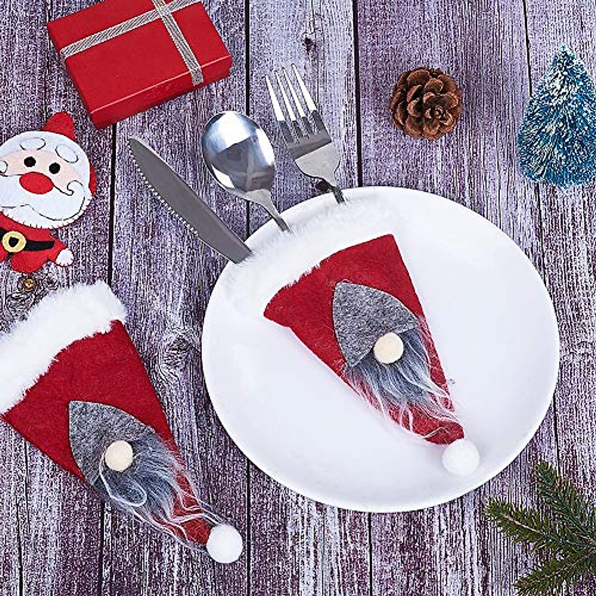 XIMINZ 12Pcs Christmas Santa Hats Silverware Holders, Nordic Santa Gnome Knife and Fork Holder Cover Tableware Bag Cutlery Holder Plush Bag Christmas Party Table Dinner Decor (red+grey)