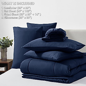 CozyLux Navy Blue Bed in a Bag - 7 Piece Comforter Set, Quilted Comforter (Queen), All Season, Flat & Fitted Sheets, Pillowcases