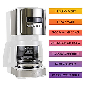 Kenmore Coffee Maker 12 cup Drip Coffee Machine Programmable Aroma Control Glass Carafe Reusable Filter Timer Digital Display Charcoal Water Filter Regular Bold Stainless Steel and White