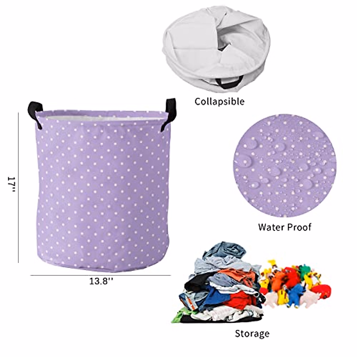 Purple White Polka Dot Large Laundry Basket, Waterproof Laundry Hamper for Baby Clothes, Simple Texture Spring Color Foldable Laundry Baskets with Handles, 13.8''x17''