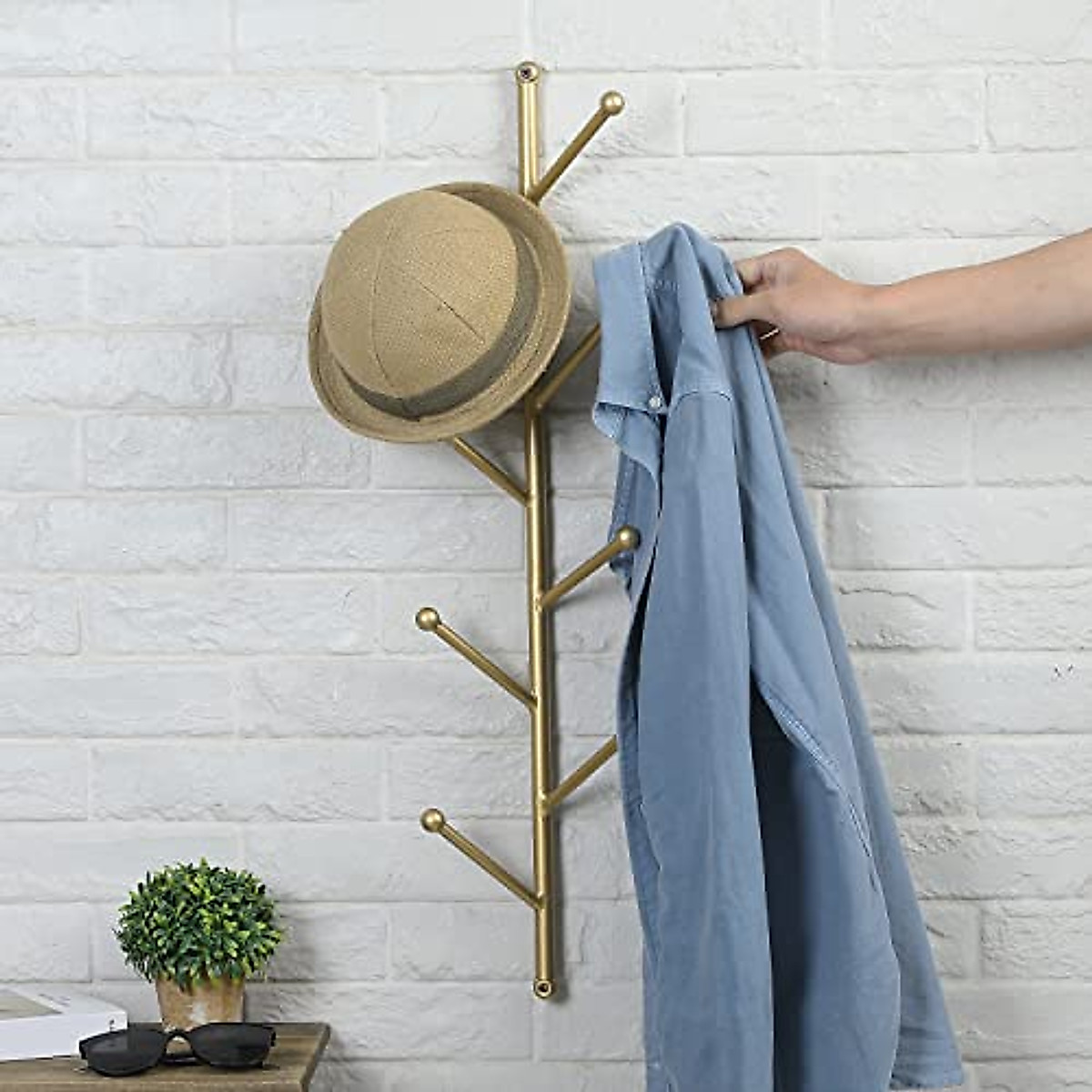 MyGift Gold Tone Metal Coat Rack, Wall Mounted Hat/Garment Hanging Rack with 8 Tree Branch Style Hanger Hooks