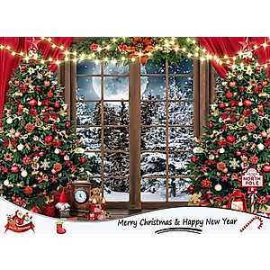 CYLYH 7x5ft Christmas Backdrop Xmas Window Photography Backdrop Winter Dream Wonderland Snow Tree Red Curtain Christmas Festival Party Banner Backdrop