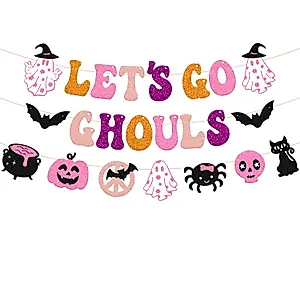 Let’s Go Ghouls Banner Hippie Halloween Party Decorations Retro Groovy Halloween Garland Ghost Bats Pumpkin Skull Cats Spider Witches Theme Halloween Bachelorette Party Supplies