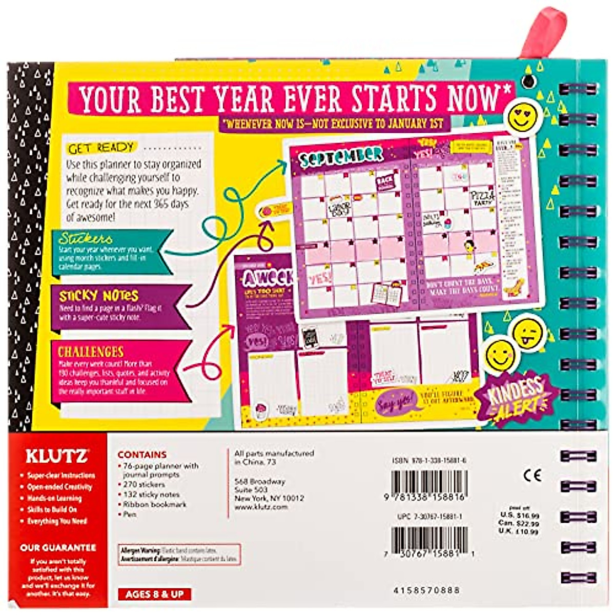 Klutz Best Year Ever! Planner & Gratitude Journal Activity Kit Multi Colour, 10" Length x 0.75" Width x 9" Height