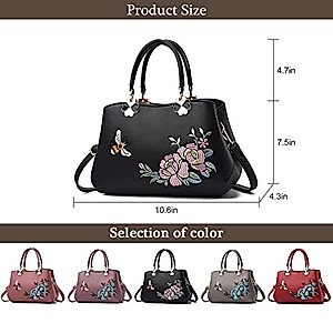 Embroidery Flowers Handbags for Women Ladies Tote Shoulder Bags PU Leather Satchel Top Handle Satchel Purse (Purple B)
