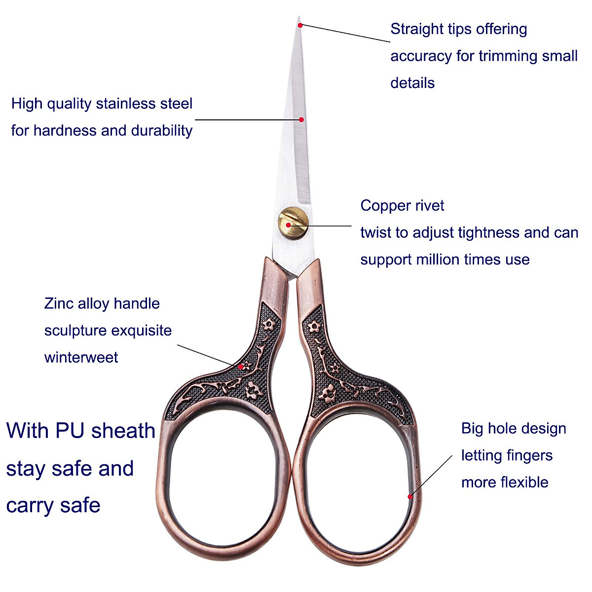 2pcs Vintage Stainless Steel Cuticle Precision Embroidery Scissors Beauty Grooming for Nail, Facial Hair, Eyebrow, Eyelash, Nose Hair, Moustache, Manicure Crochet Threading Tool