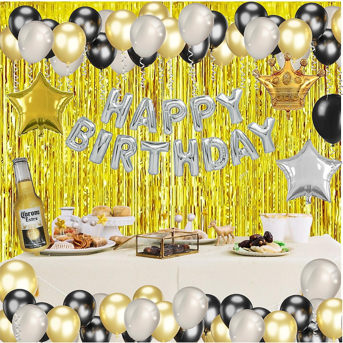 Golden Birthday Decorations Kit for Women 66 Pieces, Happy Birthday Banner, Fringe Curtains, Foil Balloons for 13th 16th 20th 21st 30th 35th 50th 60th Girls Boys Party Supplies