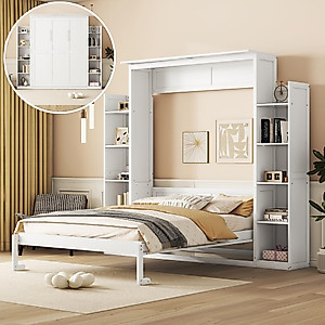 Merax Queen Size Murphy Bed, Queen Wall Bed Frame with Shelves and LED Lights, White