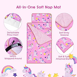 smttw Nap Mat with Removable Pillow & Fleece Blanket, Extra Long Toddler Nap Mats for Daycare-Measures 55 x 23 x 2 Inches, Kids Sleeping Mat Toddler Sleeping Bag,Unicorn