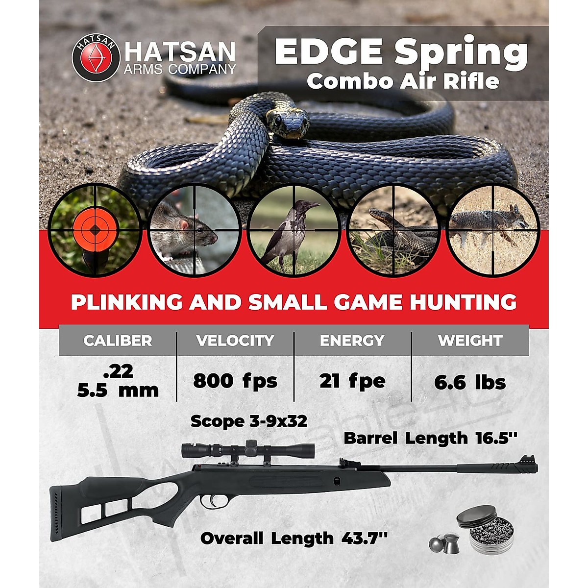 Hatsan Edge .22 Cal 1000 FPS / 21 FPE - Brake Barrel Air Rifle .22 Caliber w/ 3-9X32 Scope, QuietEnergy (QE) & Spring Piston | Small & Medium Game air Gun + Wearable4U 250x Pellets Bundle