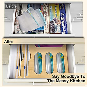 With Cutter Foil and Plastic Wrap and Ziplock Bag Storage Organizer,Quality Bamboo Food Bag Dispenser for Kitchen Drawer - Compatible with Gallon,Quart,Sandwich,Snack, Variety Size Bags,Wax,Parchment
