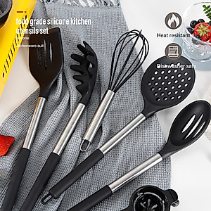 QMVESS Silicone Kitchen Utensil Set, 28 Pcs Non-Stick Cooking Utensils Set with Holder, Tongs, Spatula, Whisk, Measuring Cups and Spoons Set with Stainless Steel Handle Kitchen Gadgets (Black)
