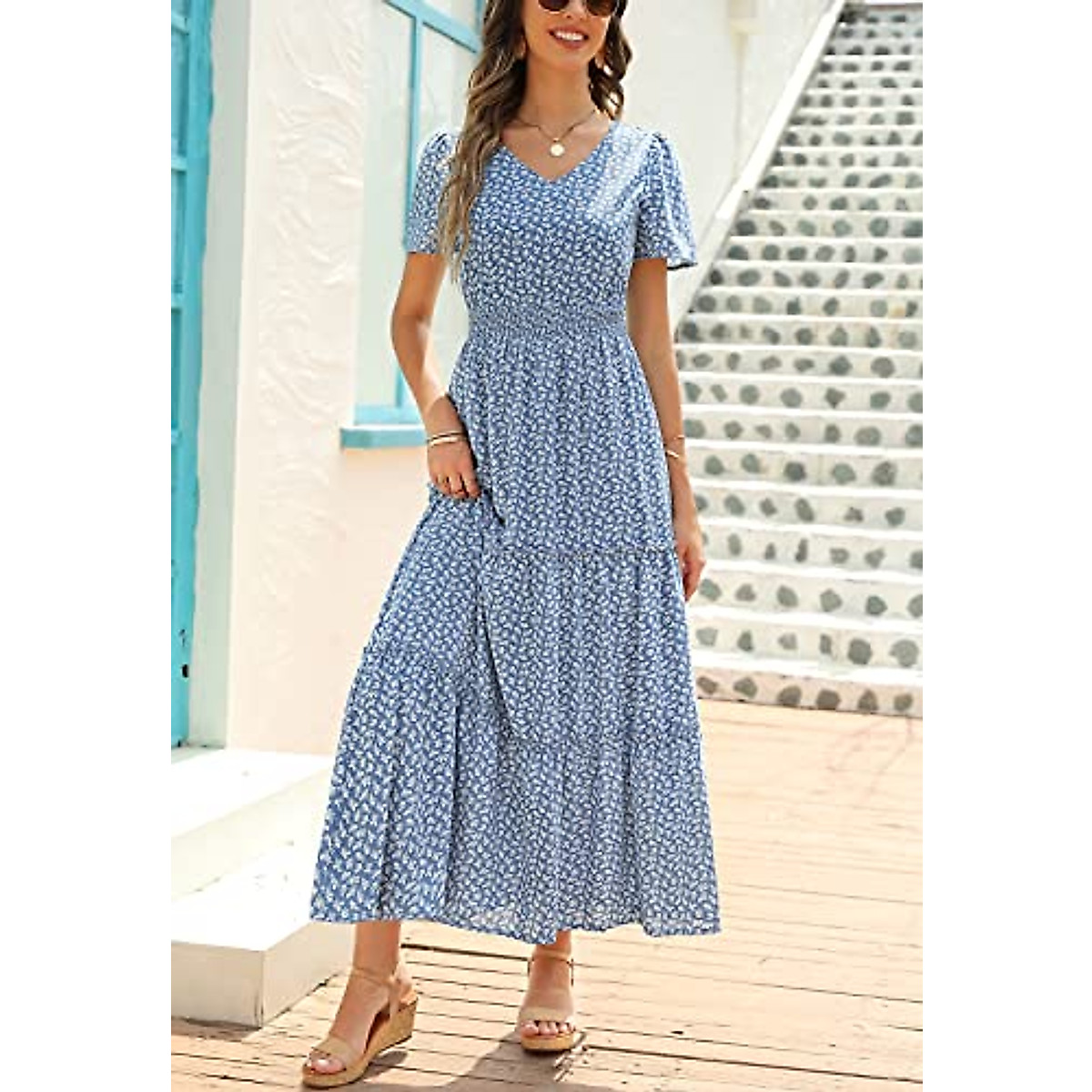 Zattcas Womens 2023 Summer Casual Long Dress Short Flutter Sleeve V Neck Smocked Waist Tiered Flowy Modest Floral Boho Maxi Dress Blue L