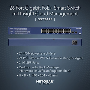 NETGEAR 24-Port Gigabit Ethernet Smart Managed Pro PoE Network Switch (GS724TP) - Hub with 24 x PoE+ @ 190W, 2 x 1G SFP, Desktop/Rackmount, and ProSAFE Protection, Black, Grey