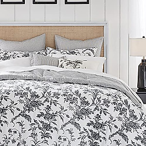 Laura Ashley - Queen Comforter Set, Reversible Cotton Bedding, Includes Matching Shams with Bonus Euro Shams & Throw Pillows (Amberley Black/White, Queen)