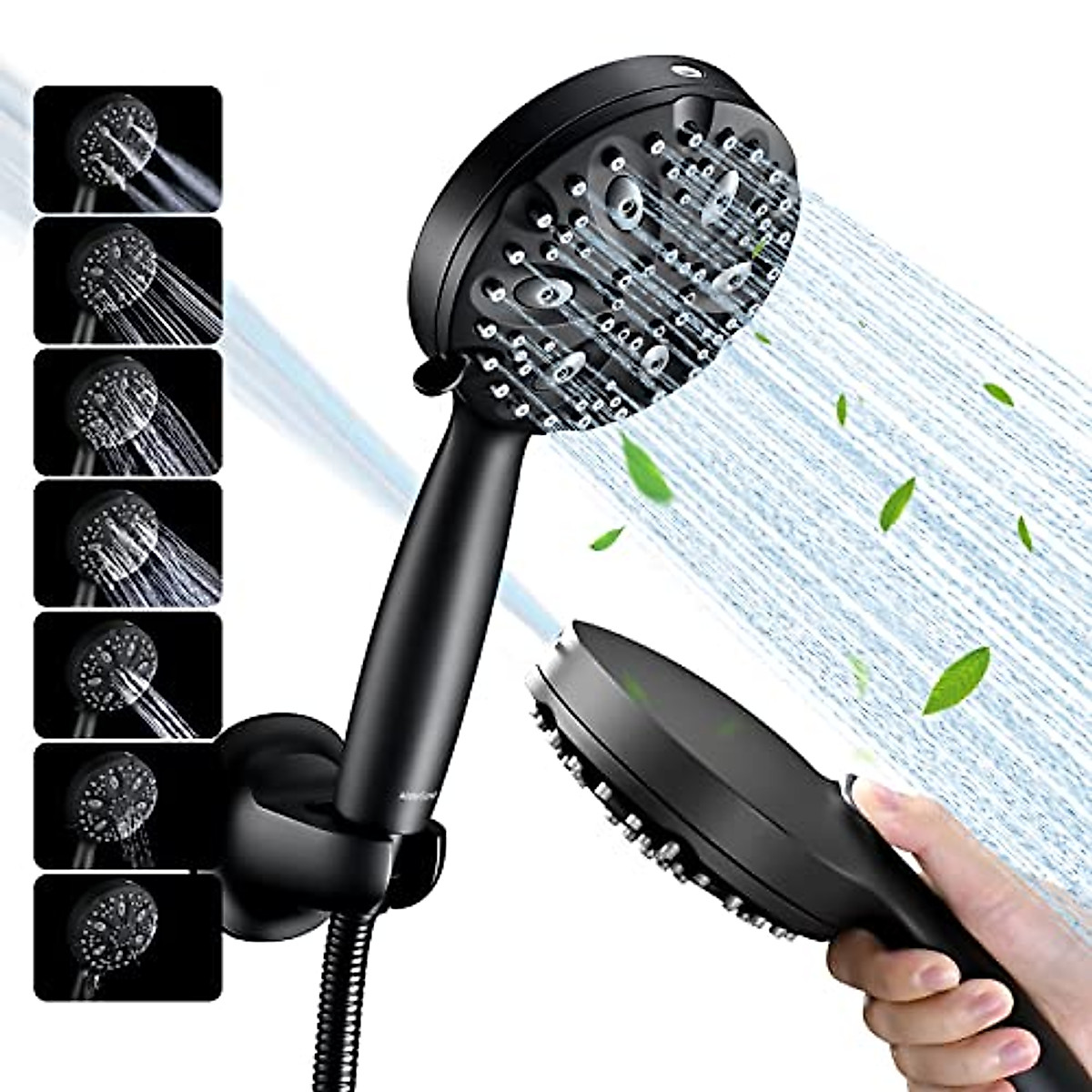 Shower Head-WaterSong 7 Settings+Build in Power Wash Handheld Spray with 6.5ft Stainless Steel Hose/Adjustable Mount for Luxury Bath Massage Spa, One Button Switch to Ejction Mode, Matte Black