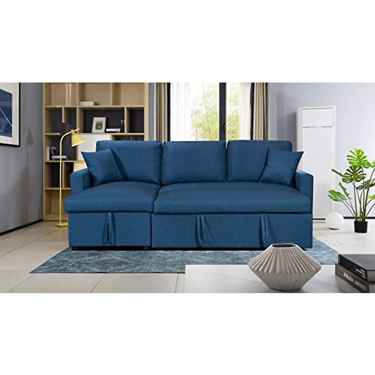 GLANZEND L-Shape Reversible Linen Sleeper Sectional Sofa with Storage Chaise, Corner Convertible Couch w/ 2 Throw Pillows for Living Room, Small Apartment, Dorm, Navy Blue, 57 Inch