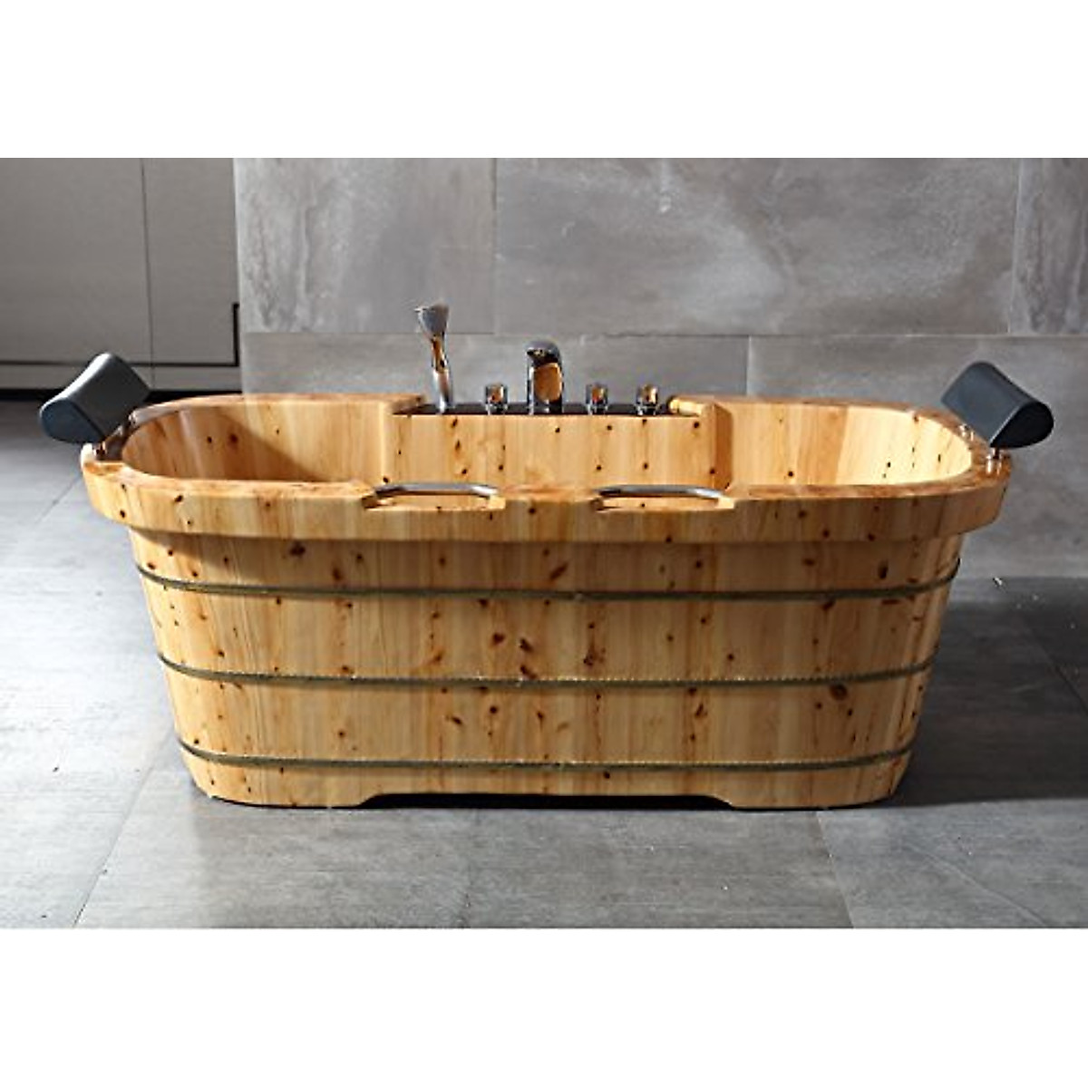 Alfi Brand AB1130 2 Person Free Standing Cedar Wooden Bathtub with Fixtures & Headrests, 65"L x 30.75"W x 23.63"H, Natural Wood