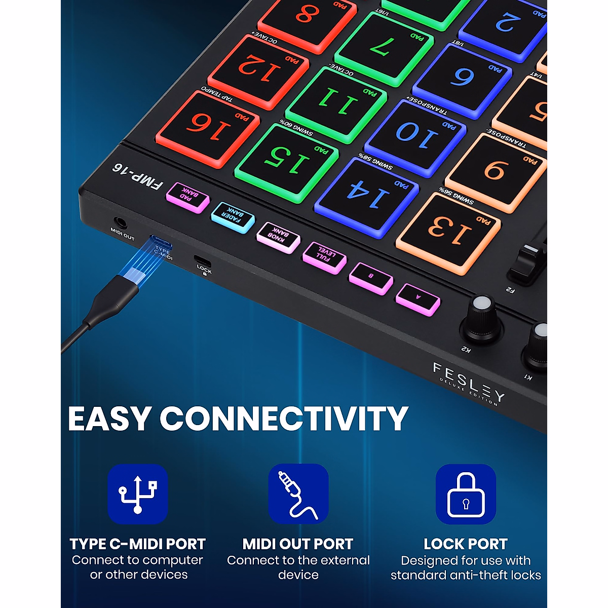 Fesley MIDI Controller Professional, Beat Maker Machine with 16 Beat Pads, MPC with 2 Assignable Fader & Knobs, Portable MIDI Pad Controller, Beat Machine for Music Making