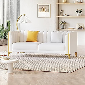FOTOSOK 78'' Sofa, Modern White Sofas Couches for Living Room, Comfy Sofa Faux Leather Sofa 3 Seater Sofa with 2 Throw Pillows and Gold Metal Legs, Deep Seat Sofas for Living Room (Cream White)