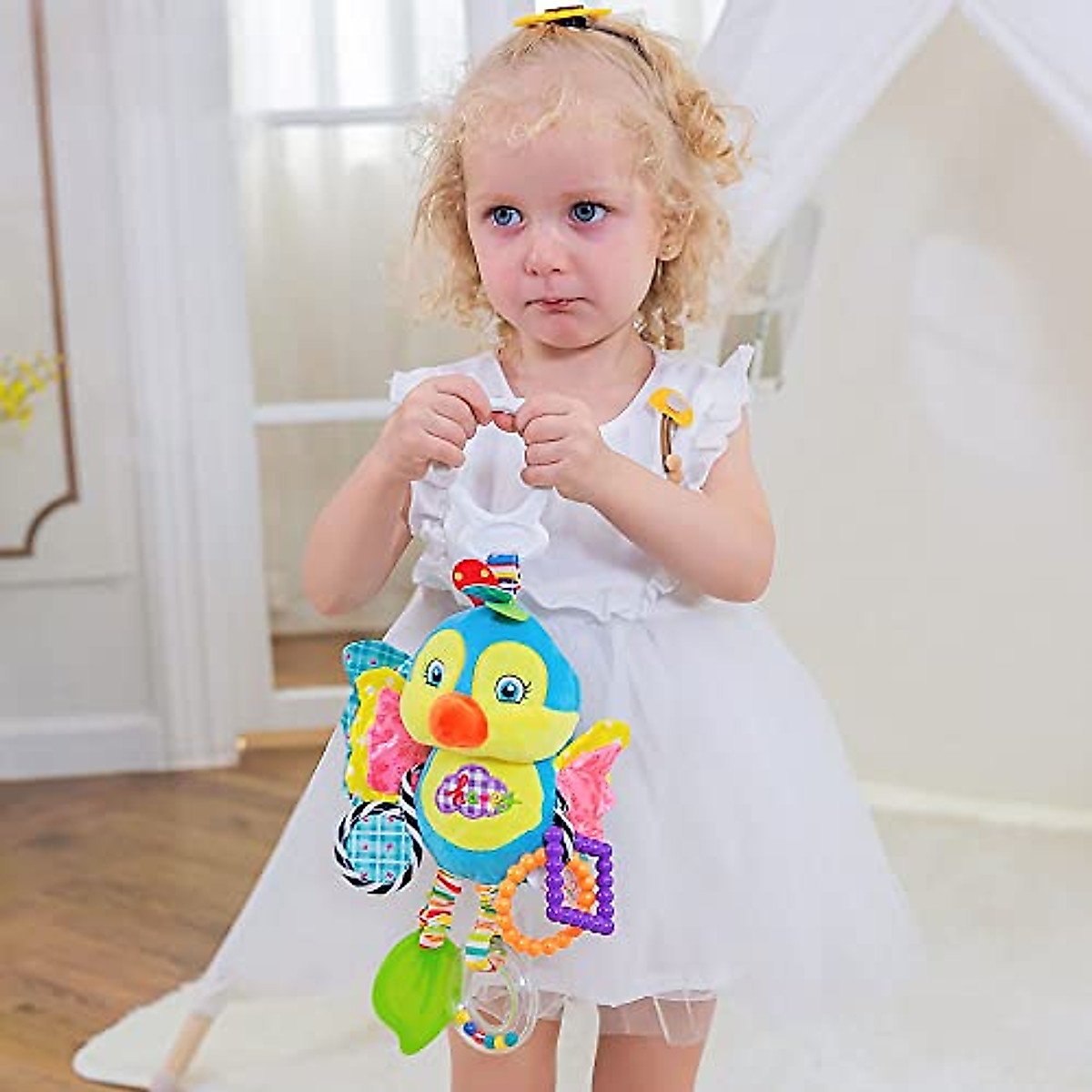 Blueana Car Seat Toy, Baby Plush Stuffed Rattle Development Toys with Musical Box, Squeaky Feet, Kids Mirror, BPA Free Teether - Stroller, Crib (Bird)