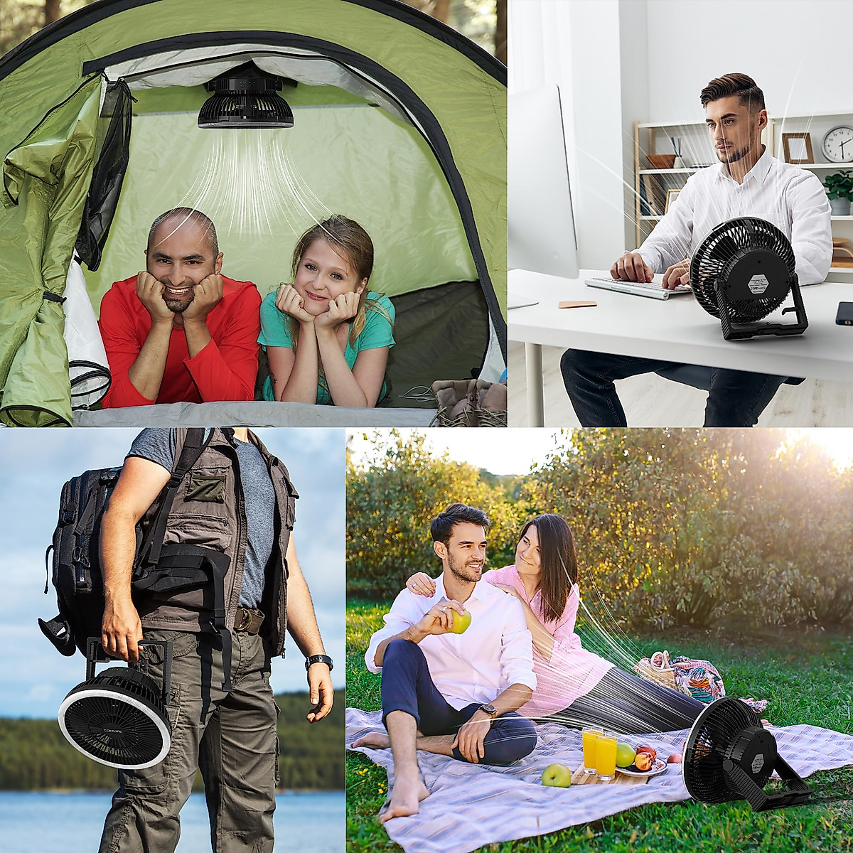 Camping Fan with LED Lantern, 8-Inch Portable Camping Fan, 10000mAh Rechargeable Battery Operated Tent Fan, 3 Speeds Table Fan with Light & Hook for Camping RV Travel Jobsite Hurricane Power Outage