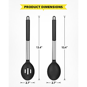 2 Pcs Silicone Cooking Spoons, Solid and Slotted Spoon Set, Non-Stick BPA Free Heat-Resistant Basting Kitchenware for Soup, Serving, Draining, Stirring（Black）