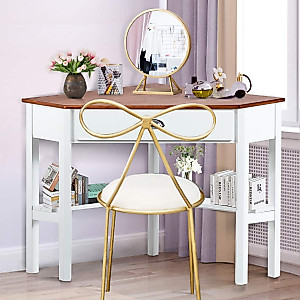 Tangkula Corner Desk, Corner Computer Desk with Drawer for Small Space, Small Corner Makeup Vanity Desk, 90 Degrees Triangle Corner Desk with Storage Shelves (Natural & White)