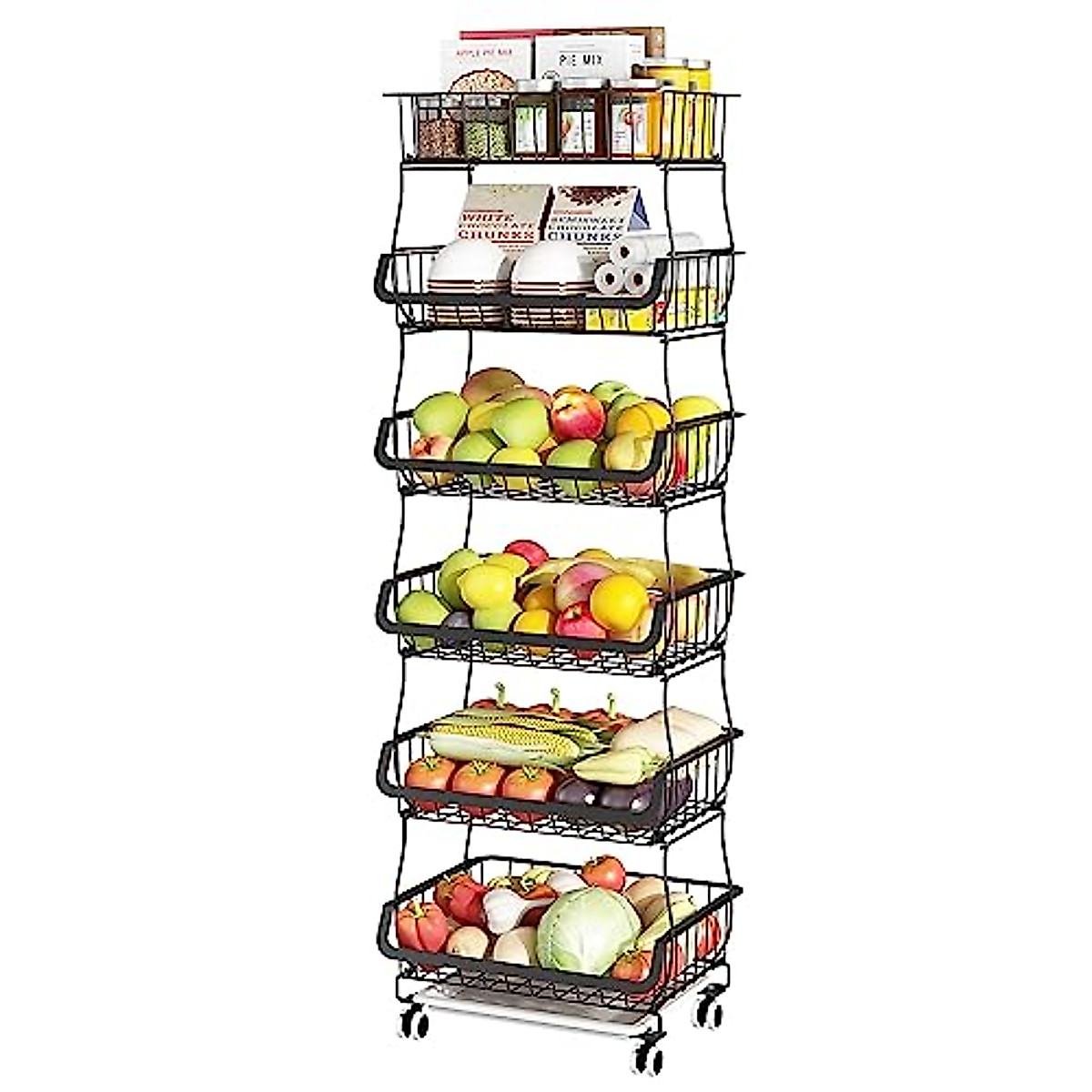 Wisdom Star 6 Tier Fruit Vegetable Basket, Wire Storage Basket Organizer Utility Cart with Wheels, Vegetable Basket Bins for Onions and Potatoes, Fruit Vegetable Storage Cart for Kitchen, Black