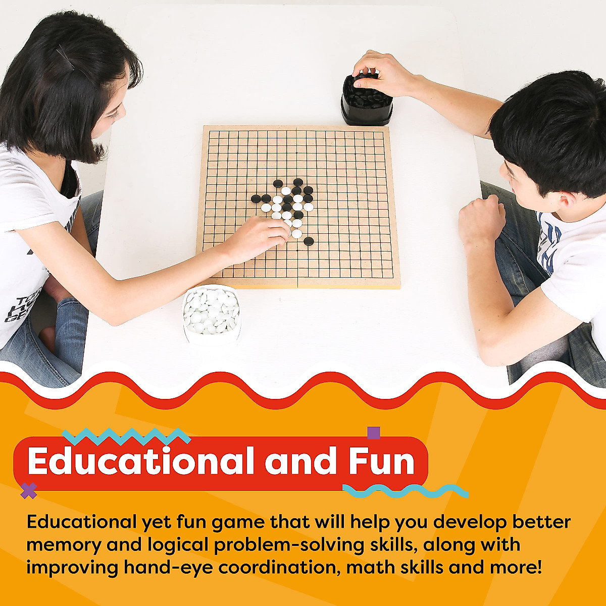 Go Board Game Set - Beginner's Two Player Strategy Game with Reversible Board and Melamine Pieces for Adults and Children