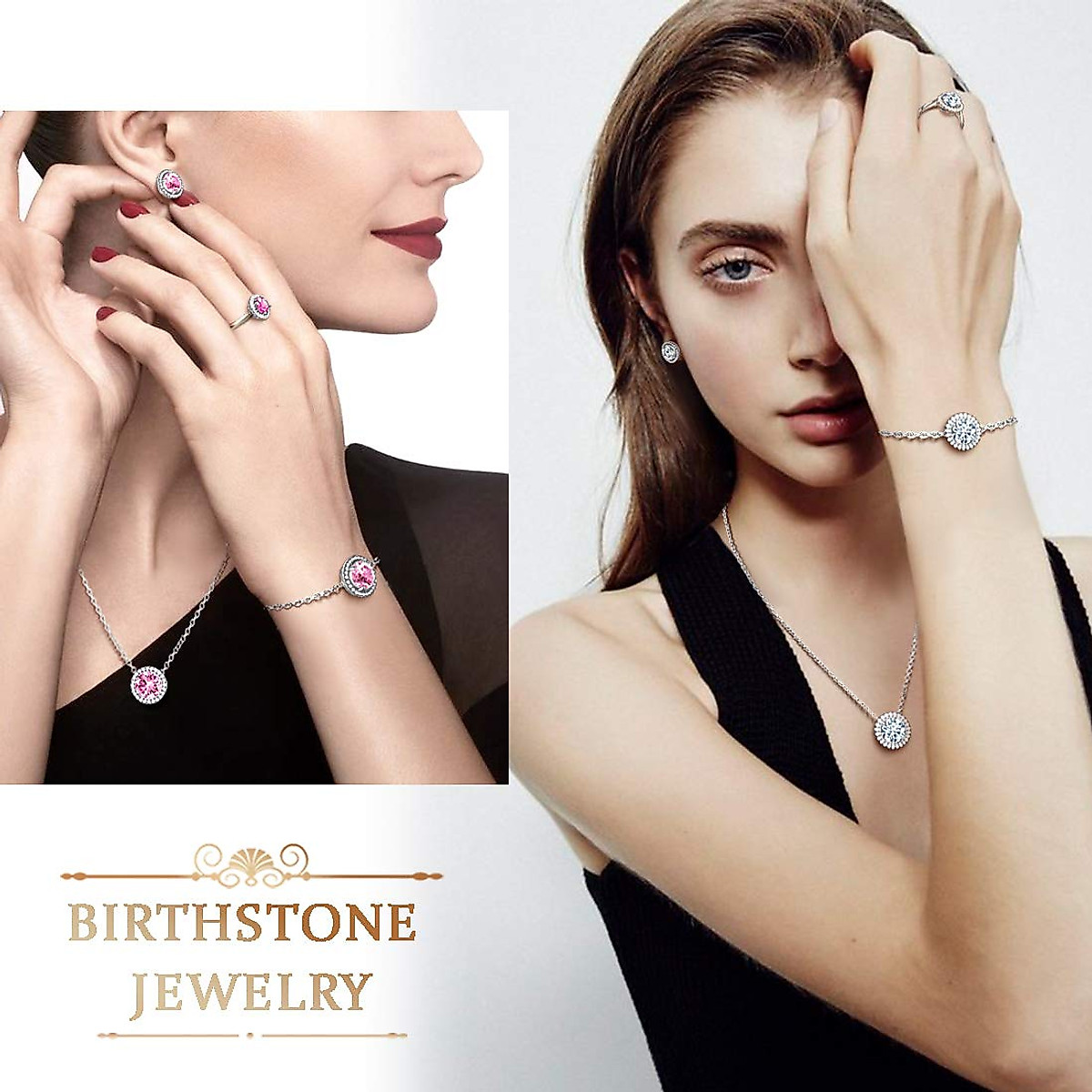 beautlace April Birthstone Necklaces/Stud Earrings/Rings/Bracelets Set Silver Plated Round Shape Jewelry Sets White Birthstone Jewelry Birthday Gifts for Men and Women KS0019W