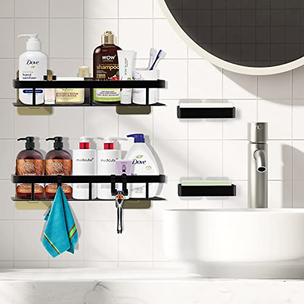 ZVOSOO Shower Caddy, Rustproof Black Bathroom shower organizer,Stainless Steel Shower Shelves with 3 Hooks & 2 Soap holders,No Drilling Traceless Adhesive Shower caddy basket,Shower Storage Organizer