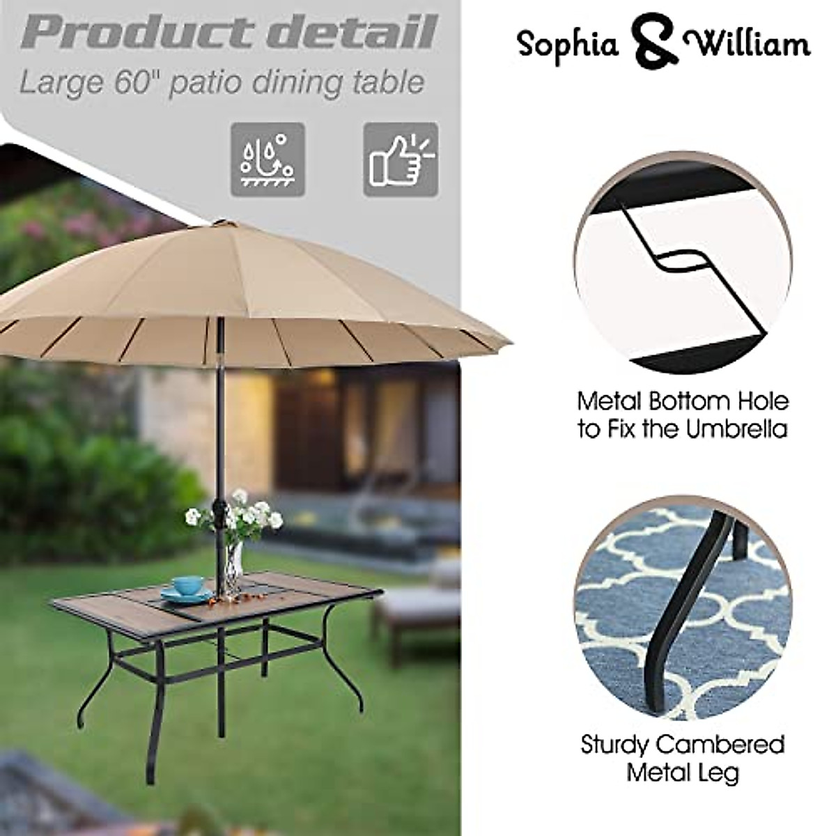 Sophia & William Patio Dining Set 8 Pieces Outdoor Metal Furniture Set with 13ft Double-Sided Patio Umbrella Beige, 6 x Swivel Patio Dining Chairs, 1 Wood Like Umbrella Table for Patio Lawn Garden
