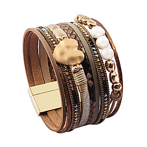 AZORA Leather Cuff Bracelet Multi Strands Beige Wrap Bangle with Pearl Boho Jewelry for Women Christmas Gift