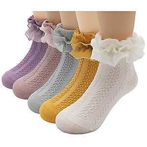Xiyadun Little Girls Ruffle Lace Trim Cotton Socks Toddler Baby Girl Eyelet Frilly Dress Socks(5 Pairs,Assorted Color, 5-8 Years)