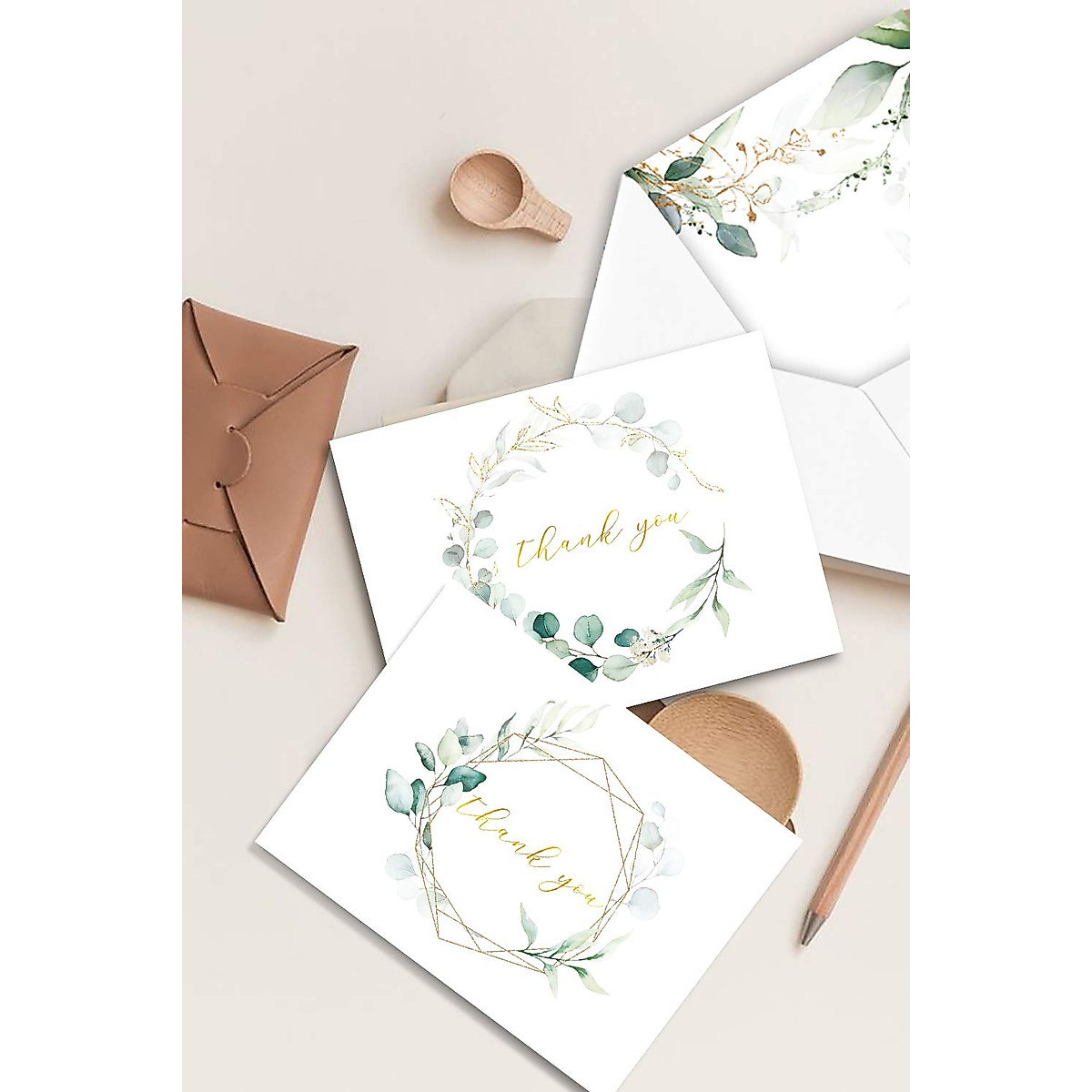 AMNADOF 100 Eucalyptus Gold Foil Thank You Cards Bulk -- Blank Note Cards with Greenery Envelopes – Include Stickers, Perfect for Wedding,Baby Shower, Bridal Shower and All Occasions