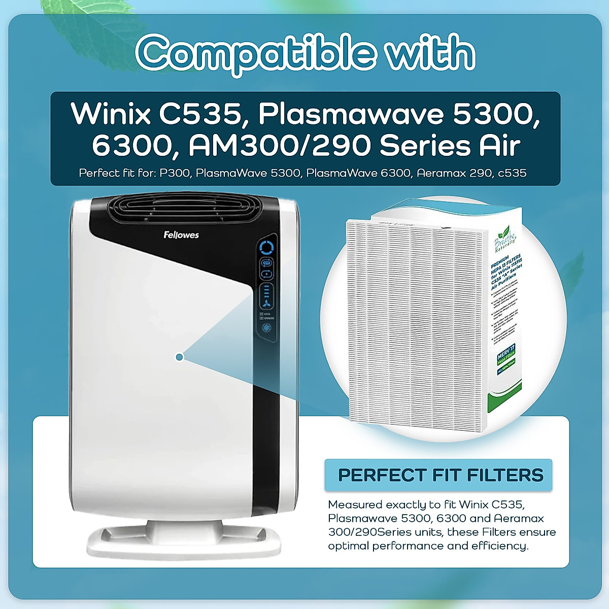 Breathe Naturally Replacement Filters Compatible with Winix C535, Plasmawave 5300, 6300 and Aeramax 300/290 Air Purifiers - True HEPA Filters for Home Purifiers - 12.6" x 16.3" x 1.25" (1 HEPA Filter)