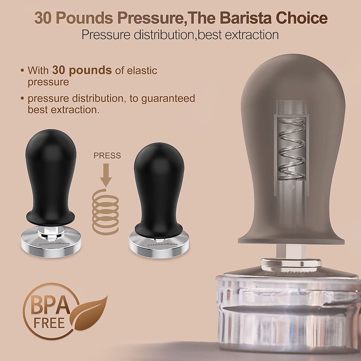 Coffee 51mm Espresso Calibrated Tamper: KitchenBoss Espresso Pressure Tamper, Coffee Spring Loaded Tamper Espresso Hand Tamper | Weighted Coffee Espresso Tamper 51 MM